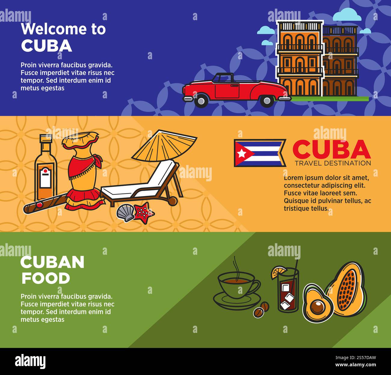 Welcome to Cuba promotional posters with country symbols and cuisine ...