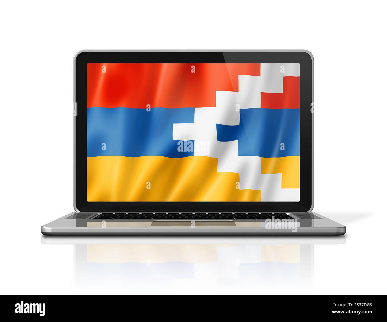 Nagorno-Karabakh flag on laptop screen isolated on white. 3D illustration render. Nagorno ...