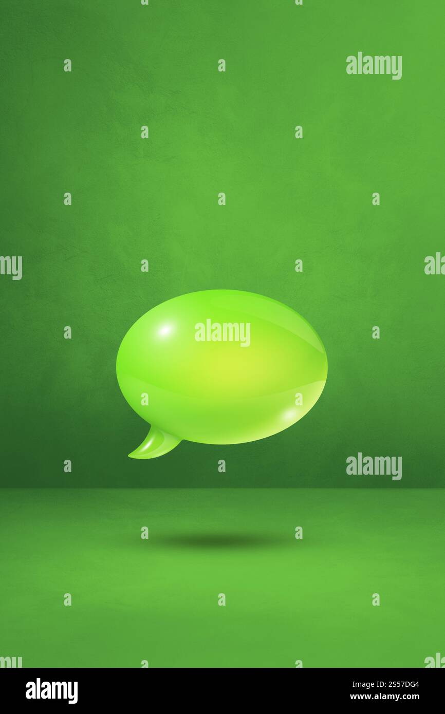 3D green speech bubble isolated on concrete wall vertical background ...