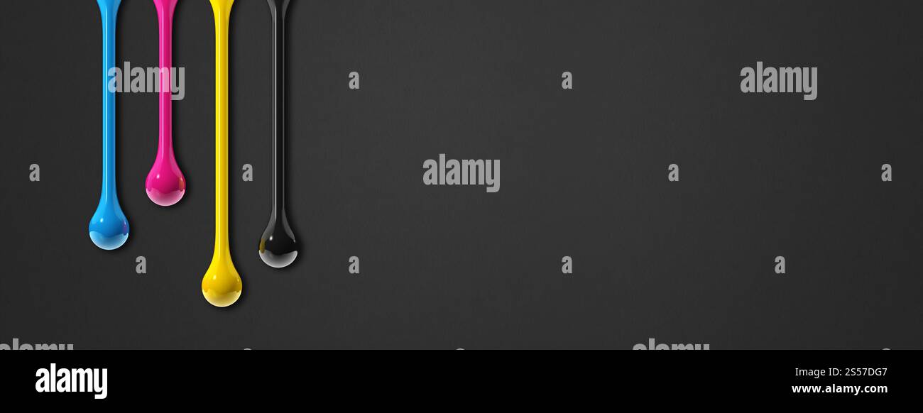 3D cmyk ink drops isolated on black paper background. Horizontal banner ...