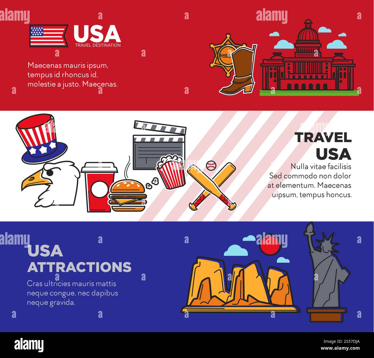 Travel to USA promotional banners with national symbols and attractions ...