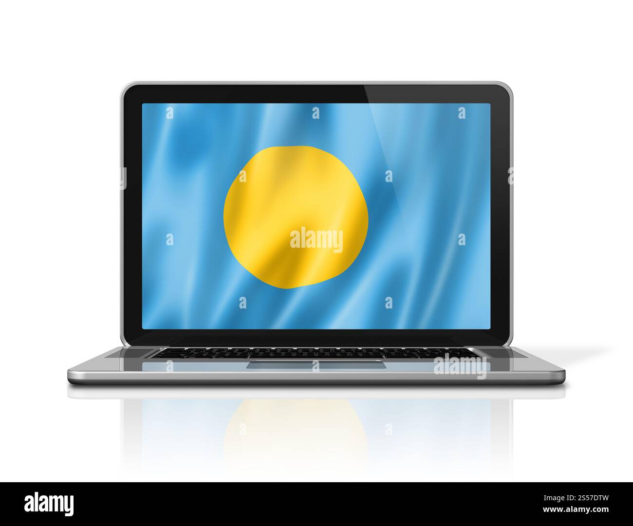 Palau flag on laptop screen isolated on white. 3D illustration render. Palau flag on laptop ...