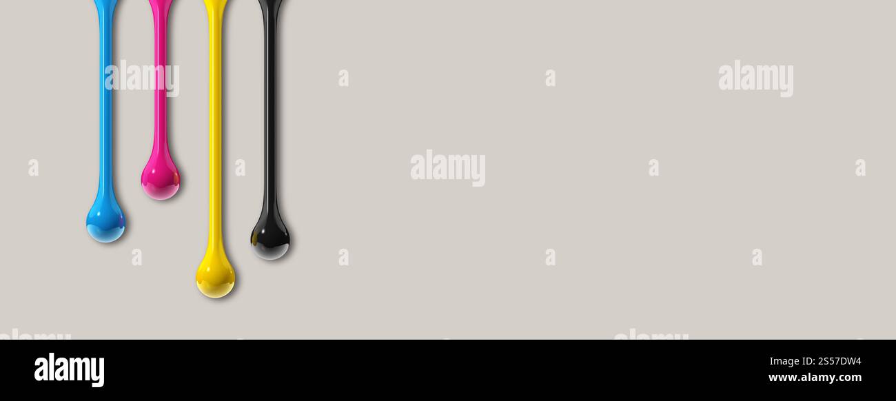3D cmyk ink drops isolated on grey paper background. Horizontal banner ...