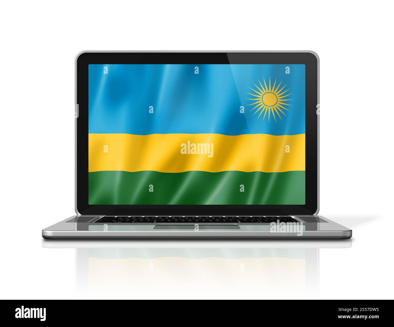 Rwanda flag on laptop screen isolated on white. 3D illustration render ...