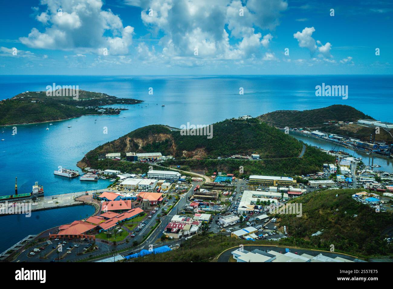 Aerial view of the island of St. Thomas as seen from a departing flight ...