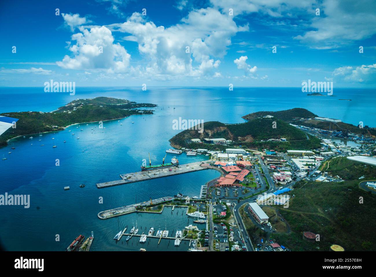Aerial view of the island of St. Thomas as seen from a departing flight ...