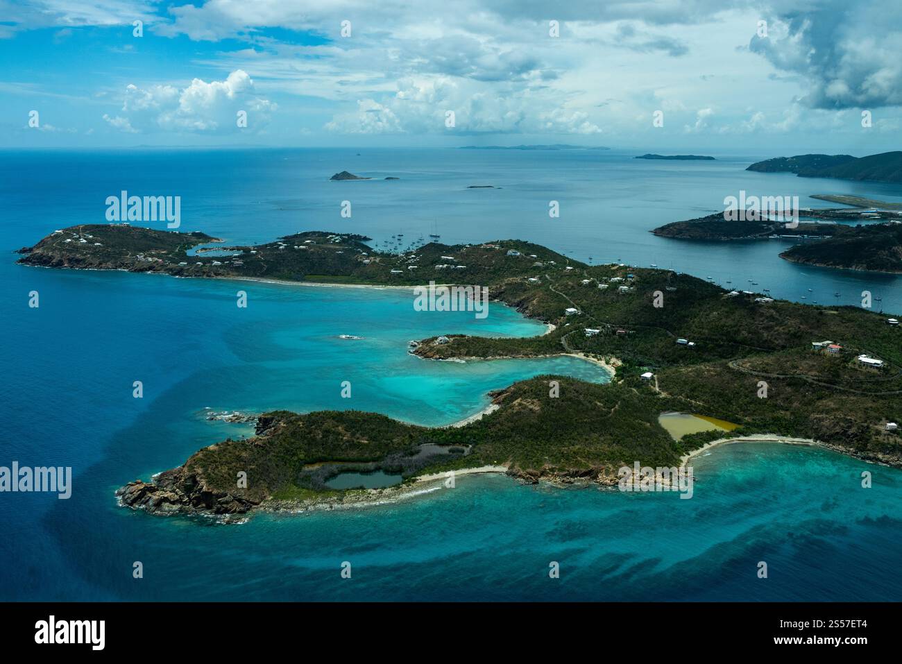 Aerial view of the island of St. Thomas as seen from a departing flight ...