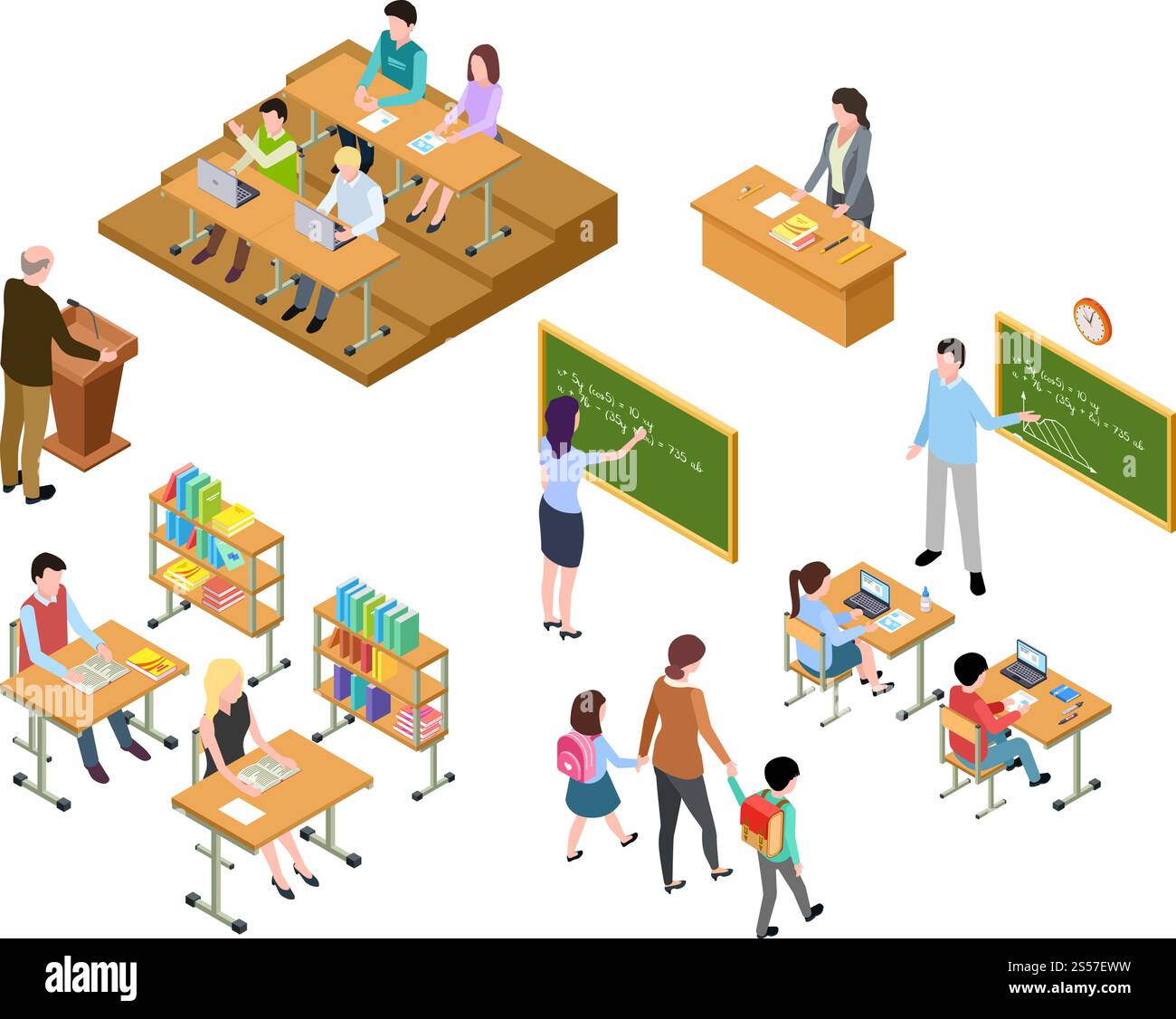 Isometric school. Children and teacher in classroom and library. People ...