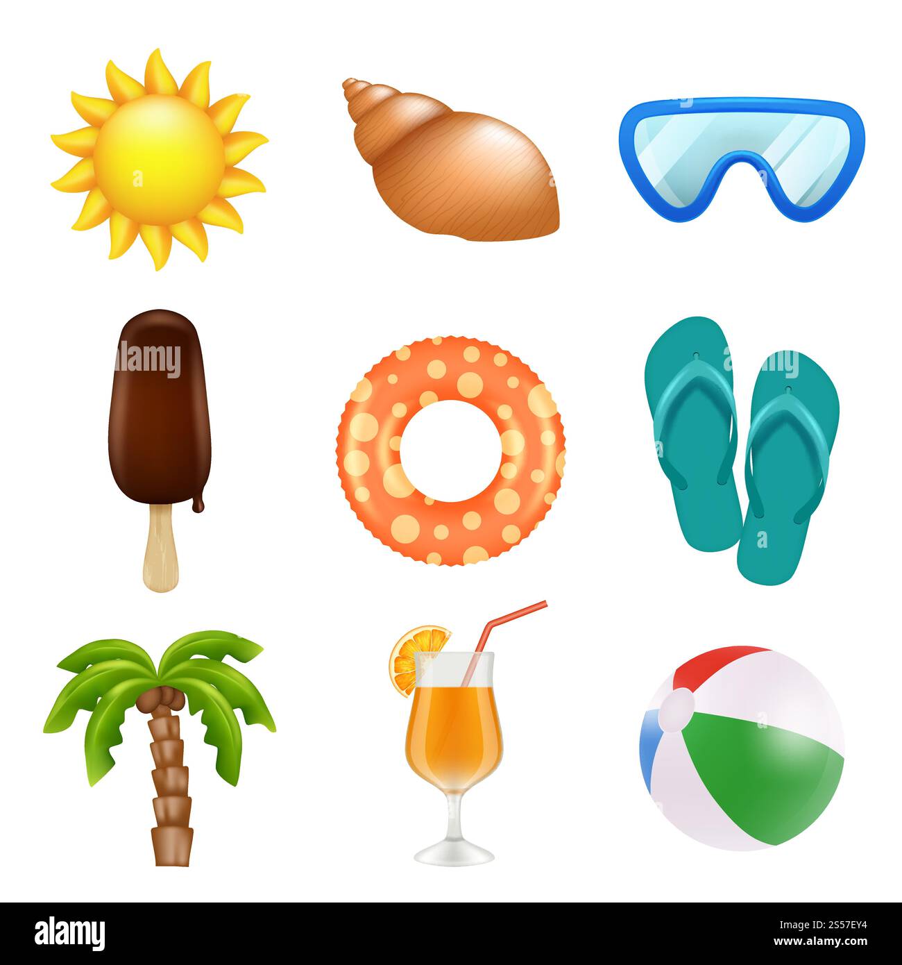 Summer realistic icons. Travel and summer holidays symbols. Rubber ball ...