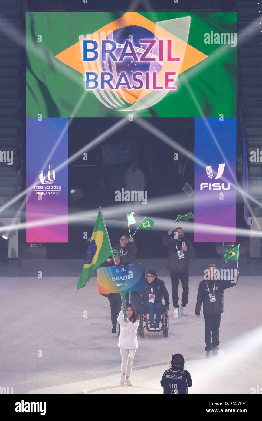 Turin, Italy. 13th Jan, 2025. Brazil's athletes parade with their flag ...