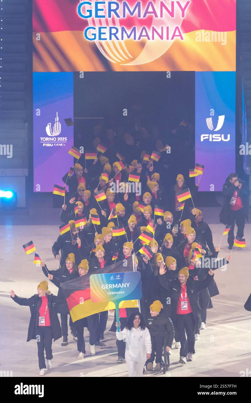 Turin, Italy. 13th Jan, 2025. Germany's athletes parade with their flag ...