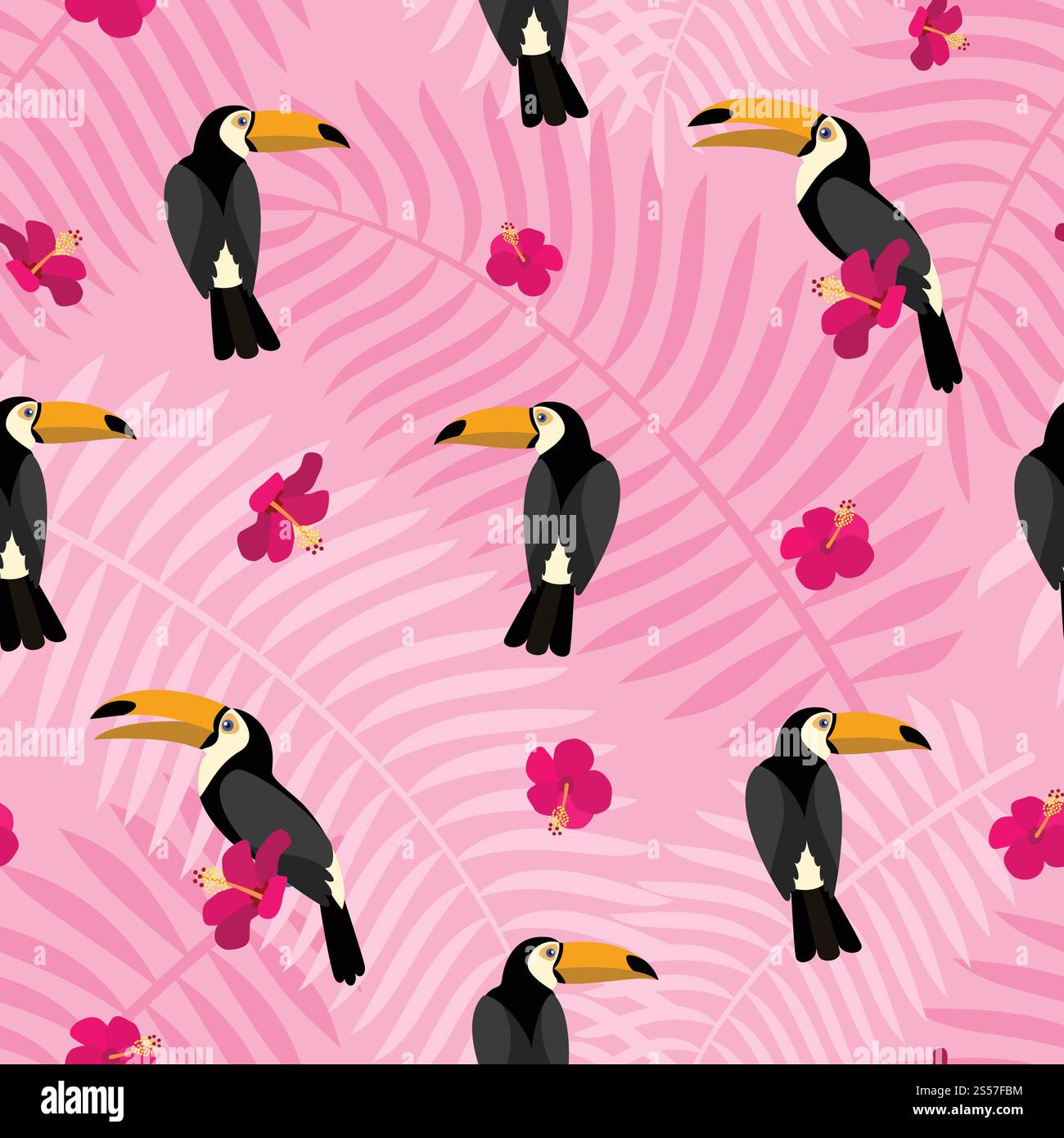 Pink flower on bird toucan pattern. Flat illustration of pink flower on ...