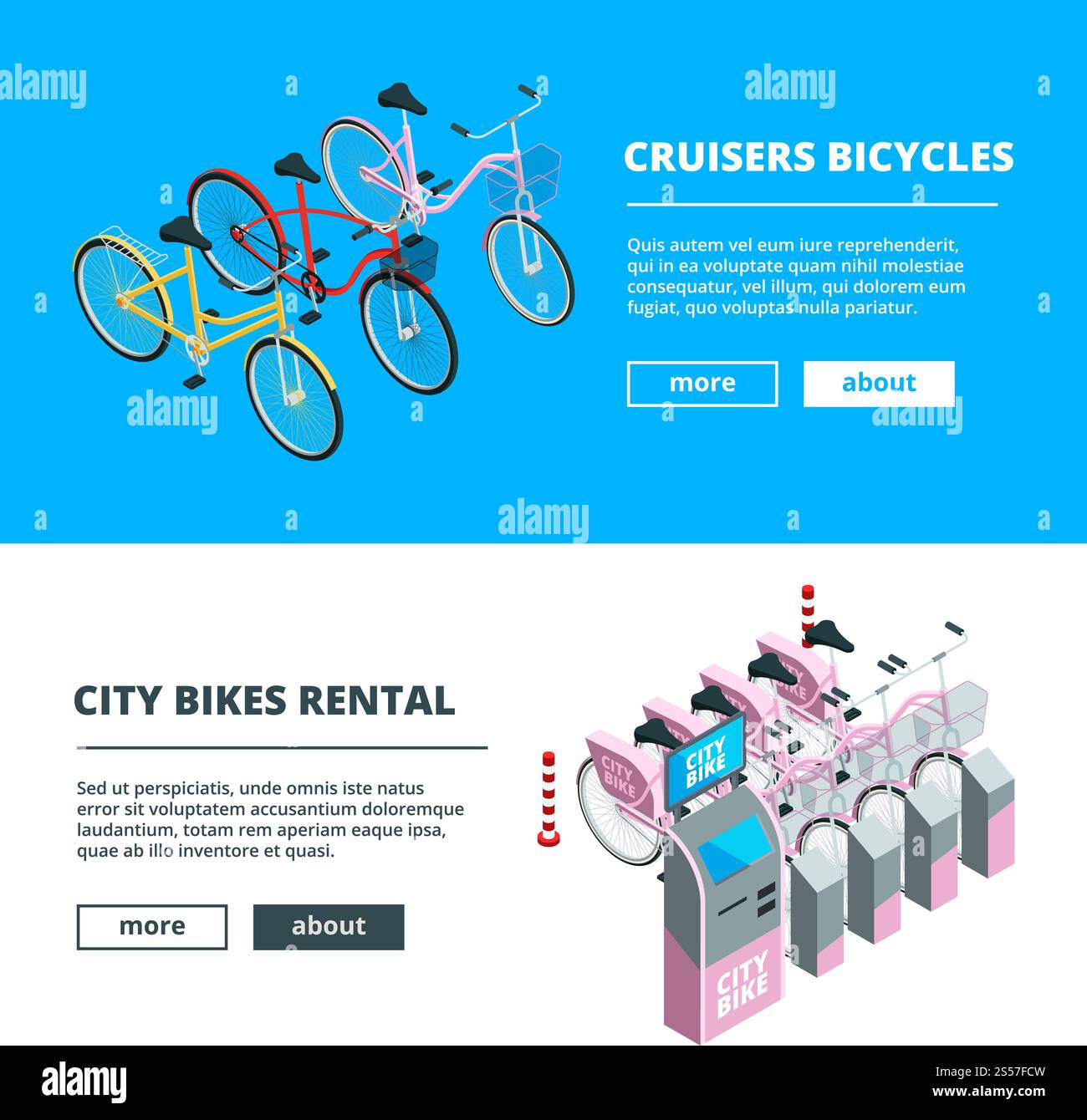 Banners with bikes. Pictures of 3D isometric bicycles. Bike rent poster ...