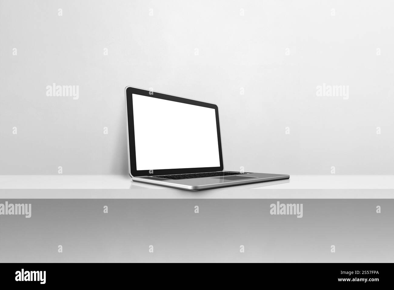 Laptop computer on white concrete shelf background. 3D Illustration ...