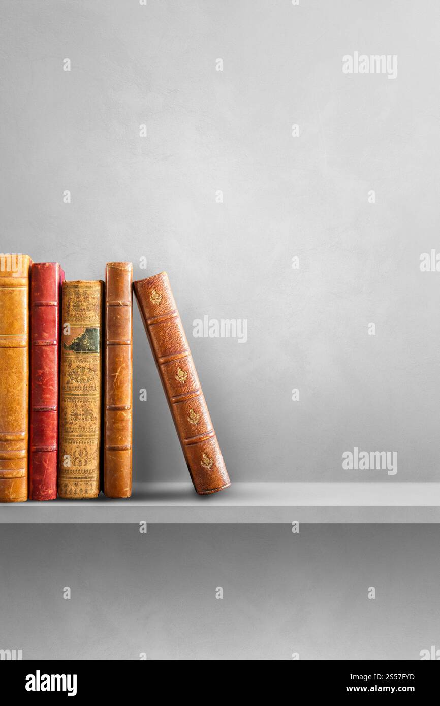 Row of old books on grey shelf. Vertical background scene. Row of old ...