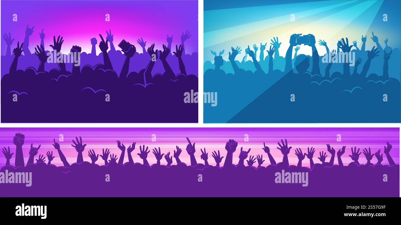 Human silhouettes in massive crowd with raised hands that hold modern ...