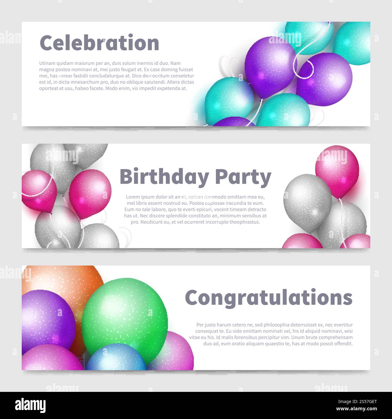 Birthday party banners with celebration realistic balloons vector set ...
