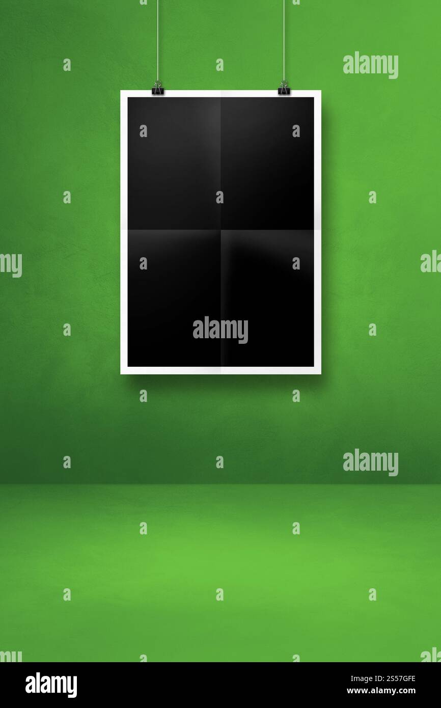Black folded poster hanging on a green wall with clips. Blank mockup ...