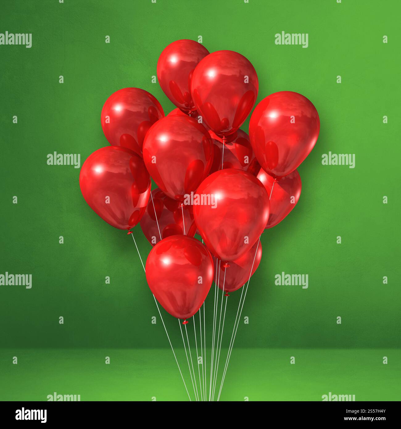 Red balloons bunch on a green wall background. 3D illustration render ...