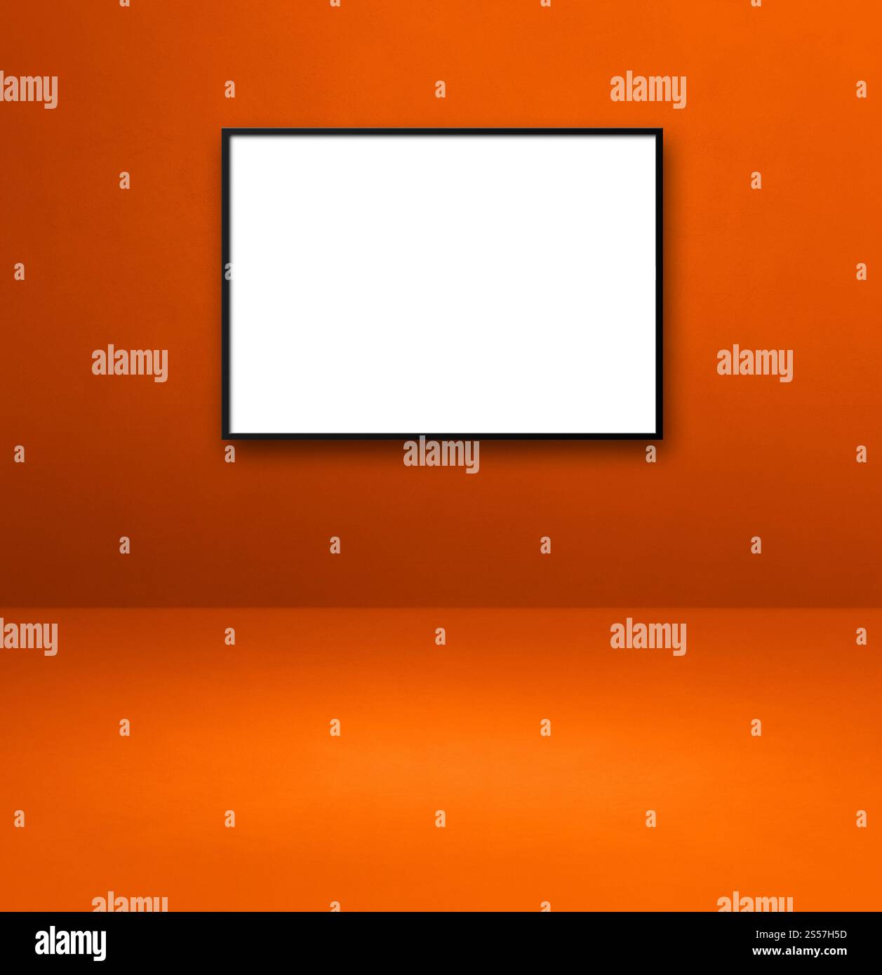 Black picture frame hanging on an orange wall. Blank mockup template ...