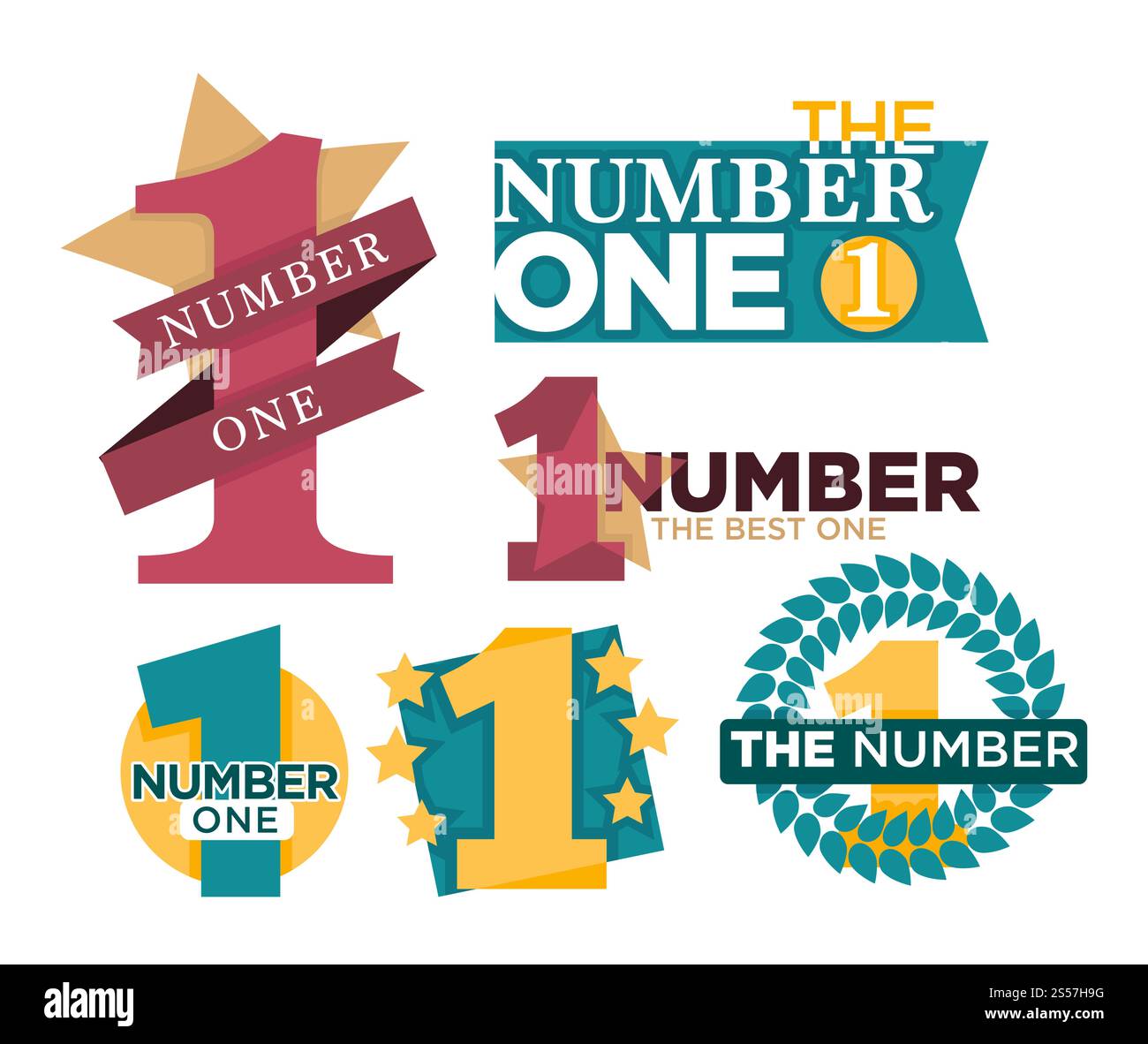 Number one emblems set with stars and ribbons around big numeral ...