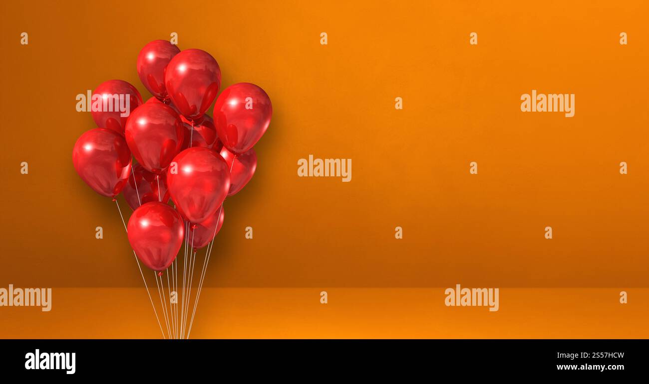 Red balloons bunch on orange wall background. Horizontal banner. 3D ...