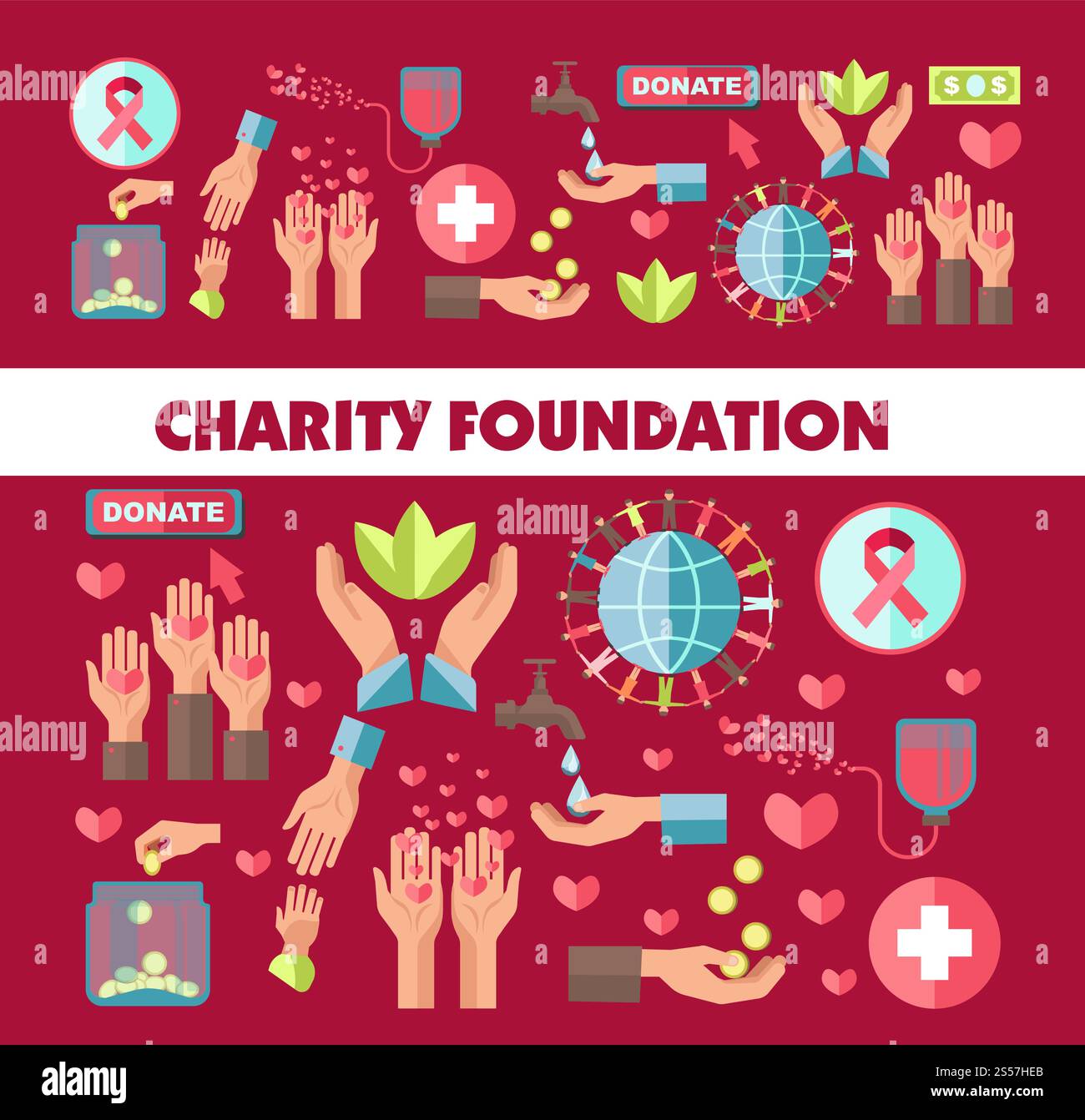 Charity foundation poster for social donation action. Vector icons for ...