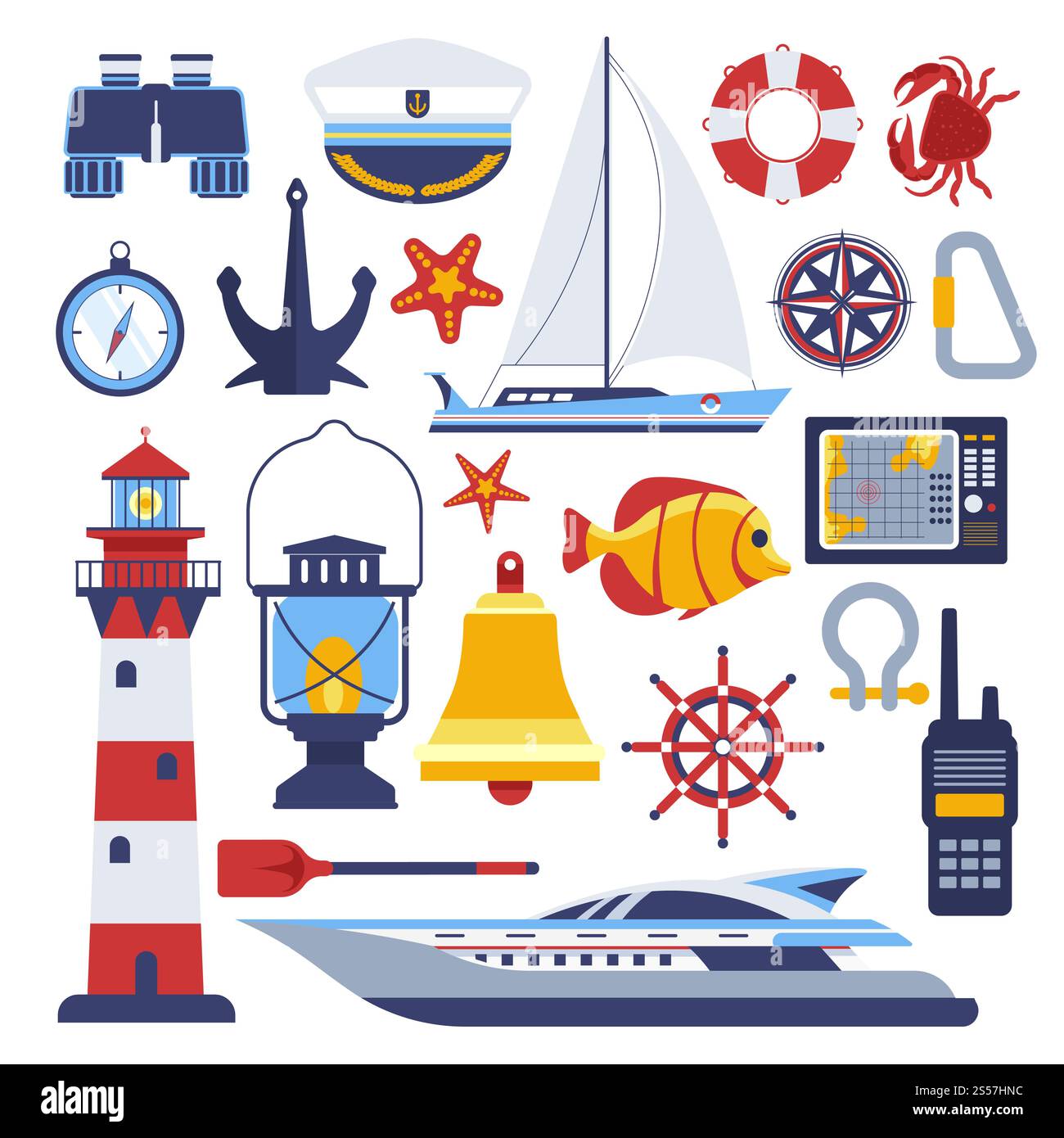 Marine and nautical vector flat icons. Isolated symbols of sailor ship ...