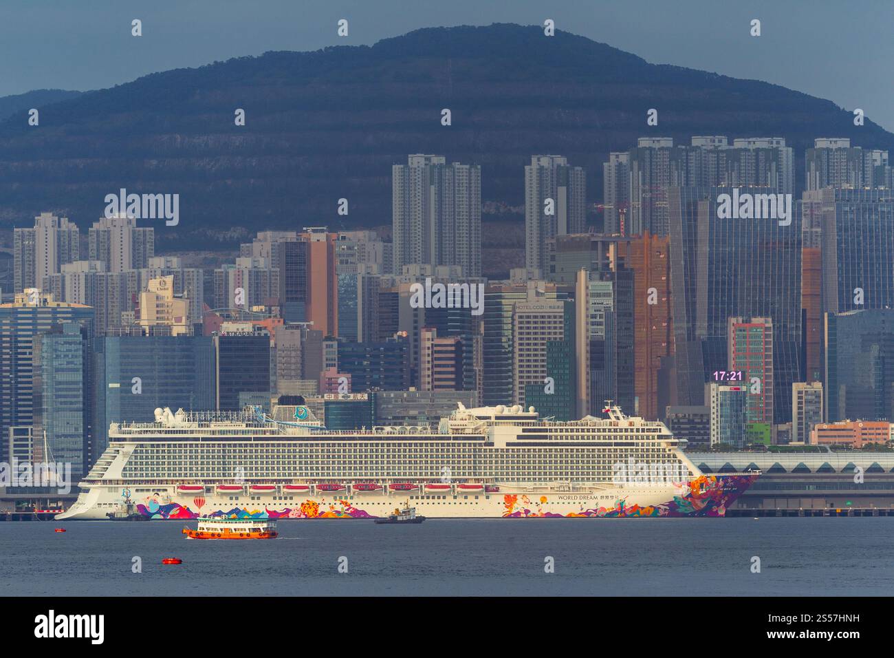 A passenger ship moored on Kowloon Bay at the Kai Tak Cruise Terminal ...