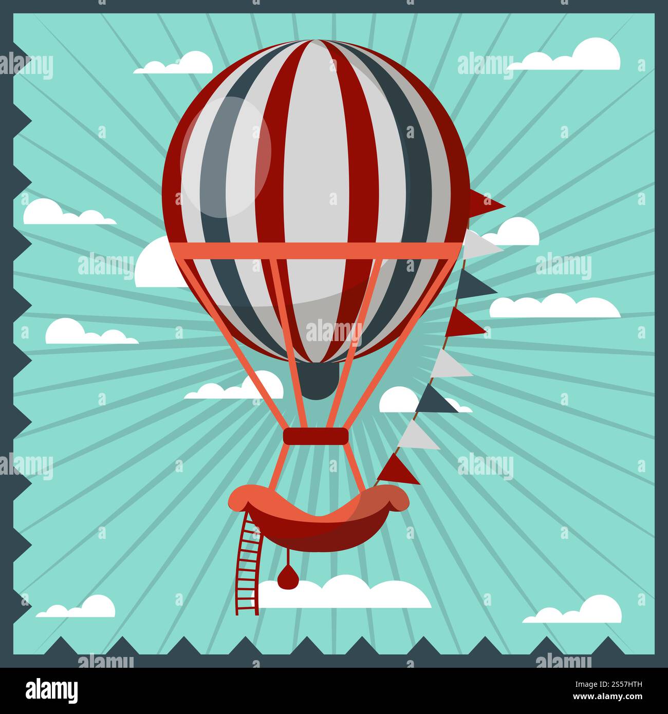 Hot air balloon retro poster of vector balloon cloudhopper with gondola ...