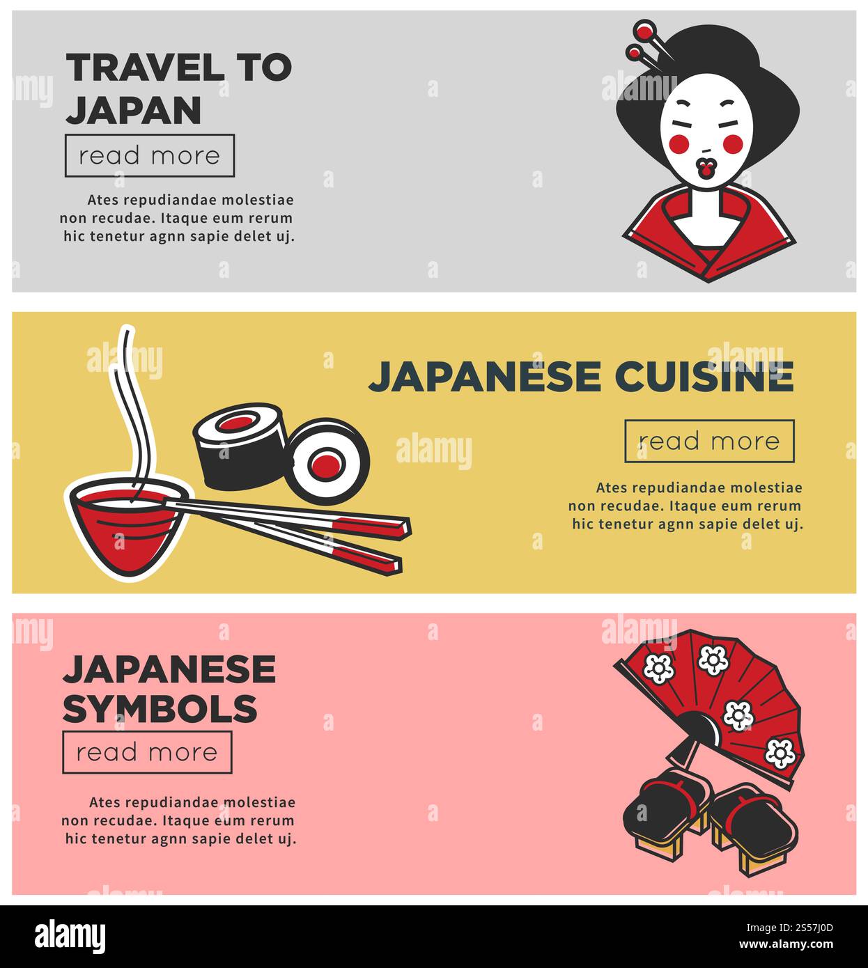 Travel to Japan promotional Internet banners with country symbols ...