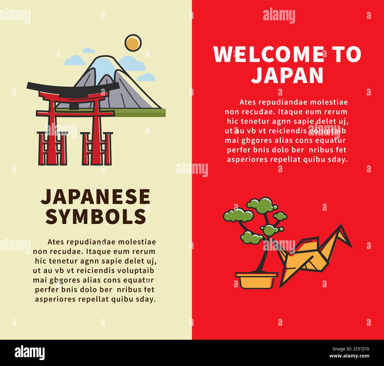 Welcome to Japan vertical travel agency brochures set. Wooden arch of ...