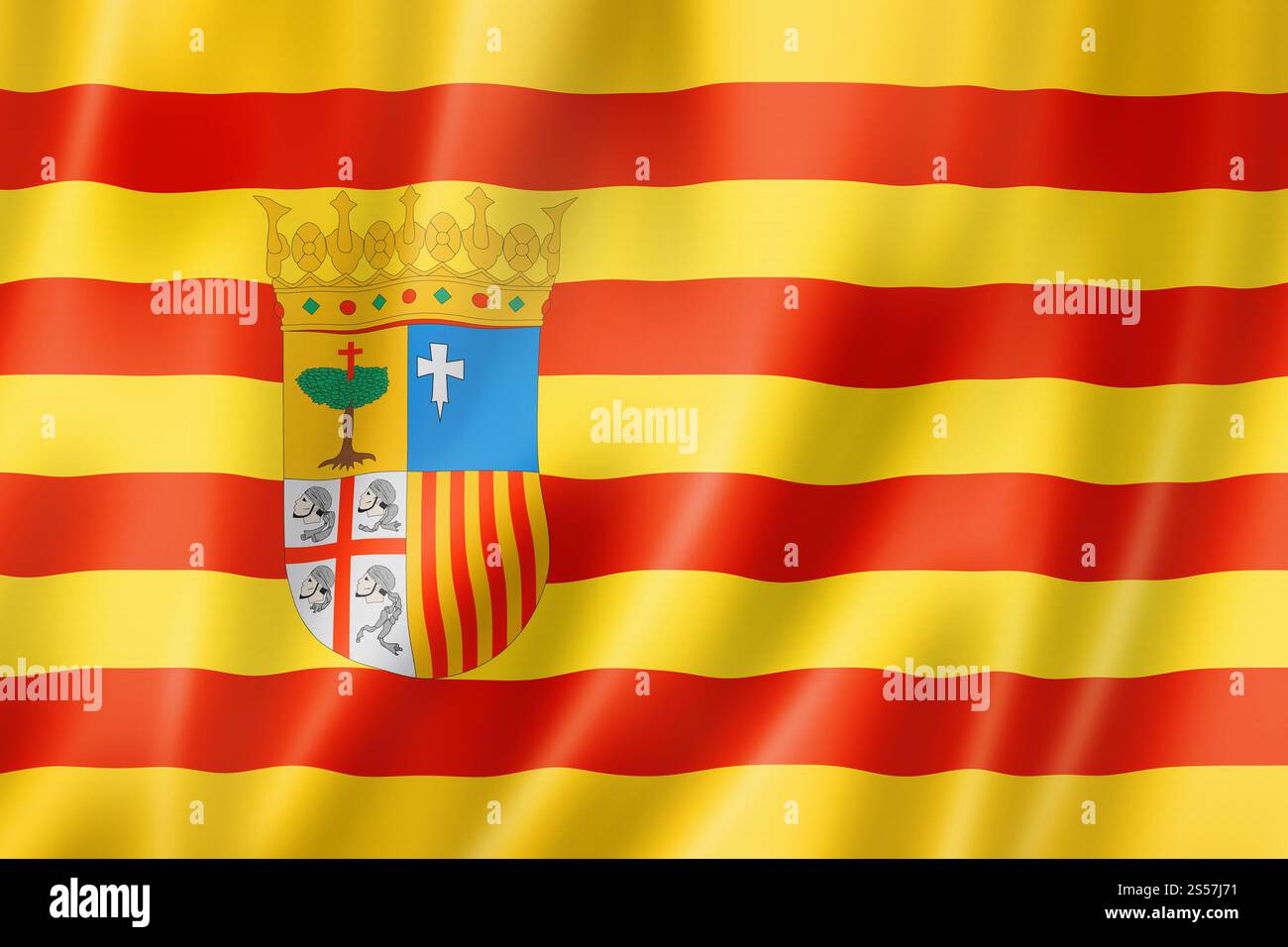 Aragon province flag, Spain waving banner collection. 3D illustration ...