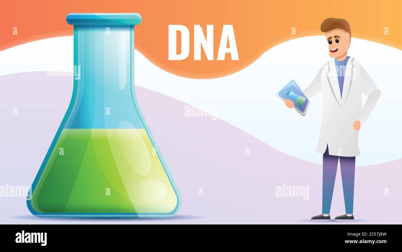 Dna green flask concept banner. Cartoon illustration of dna green flask ...