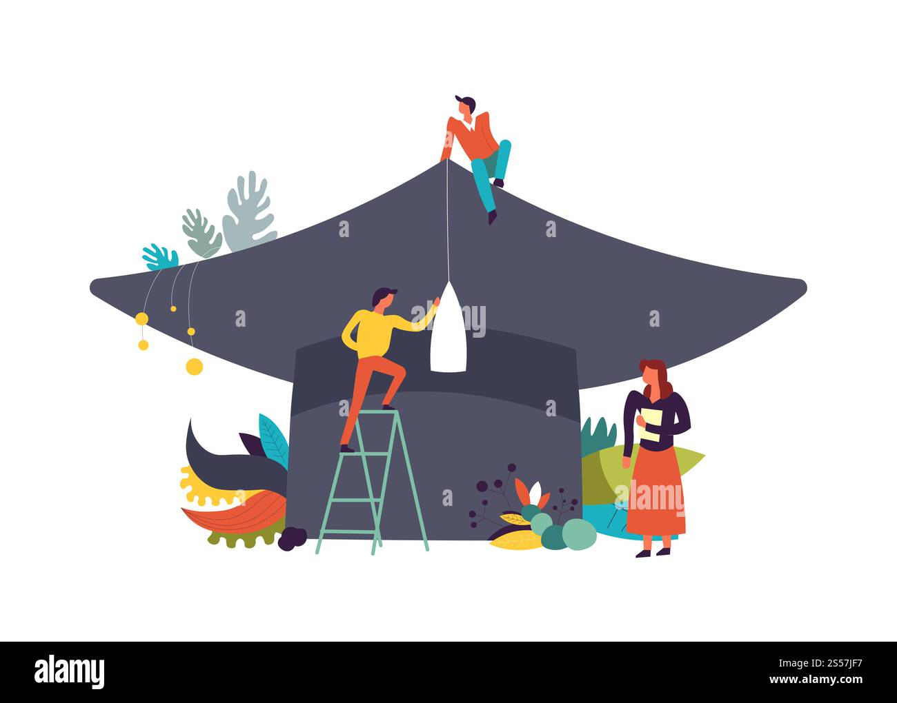 Graduation hat and people working by it vector. Ceremonial wear of ...