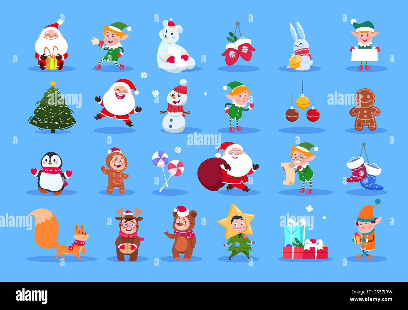Winter characters. Cartoon santa, elves and winter christmas animals ...