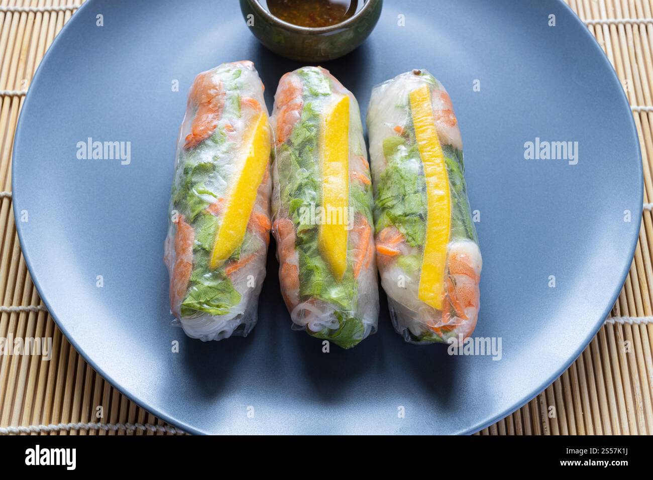 portion of Nem Cuon, Vietnamese fresh spring rolls close up on gray ...