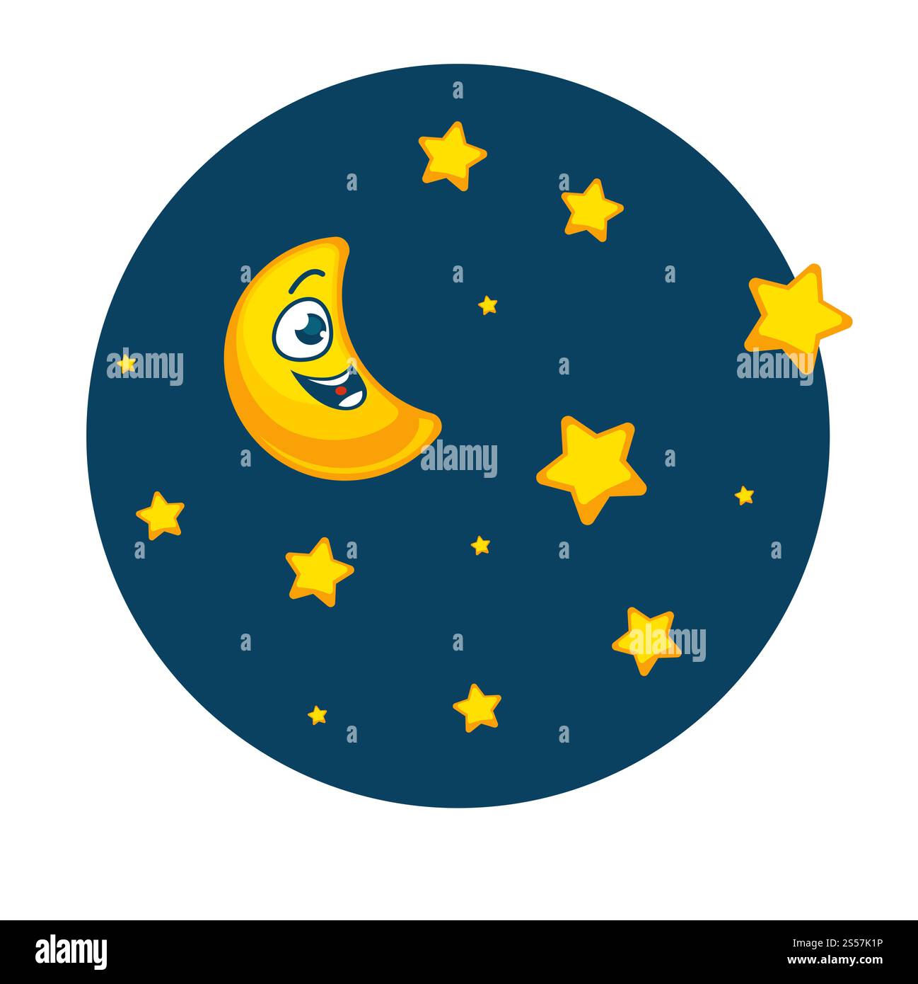 Dark night sky full of shiny golden stars and with young moon that has ...