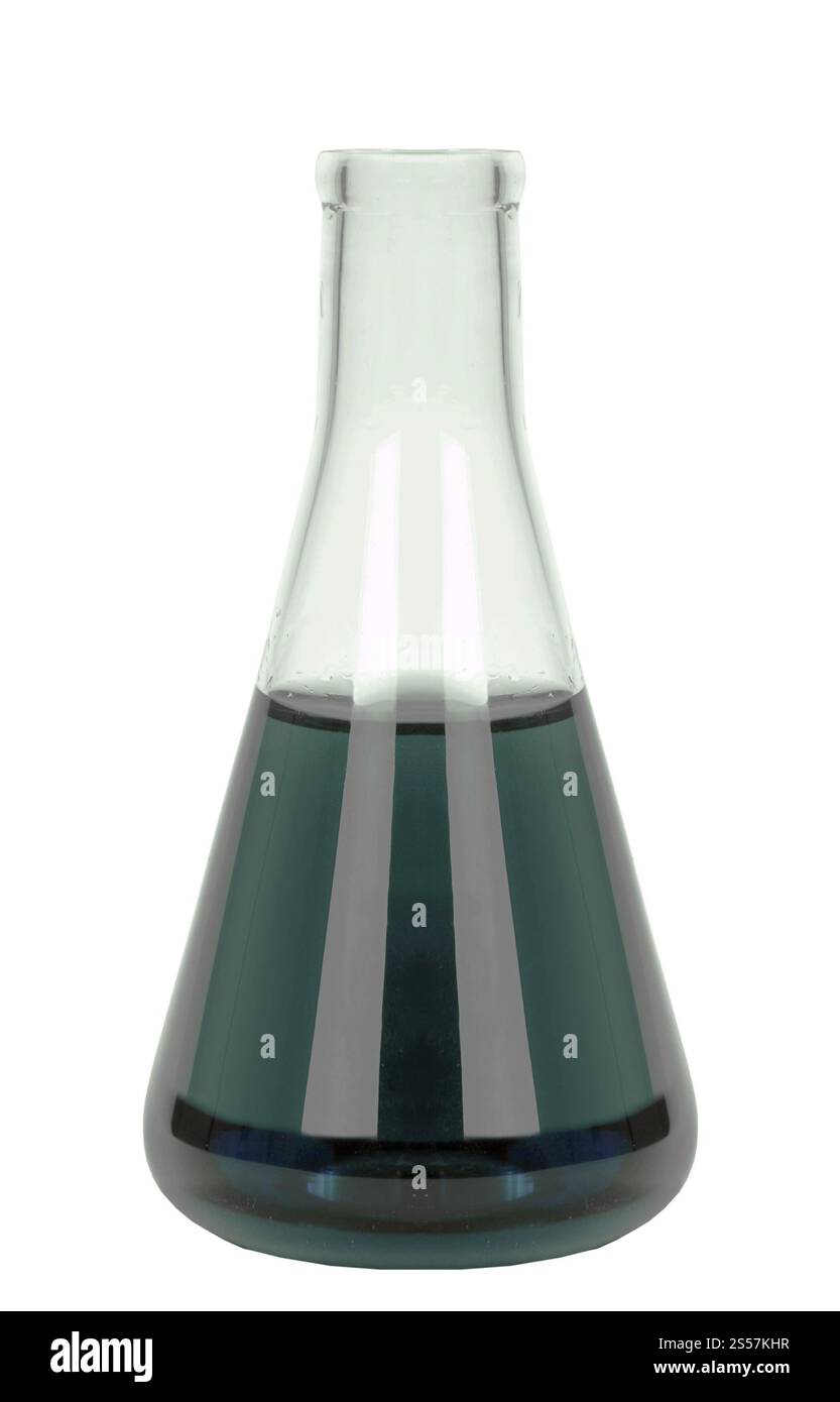 Chemical laboratory flask with liquid isolated on white background ...