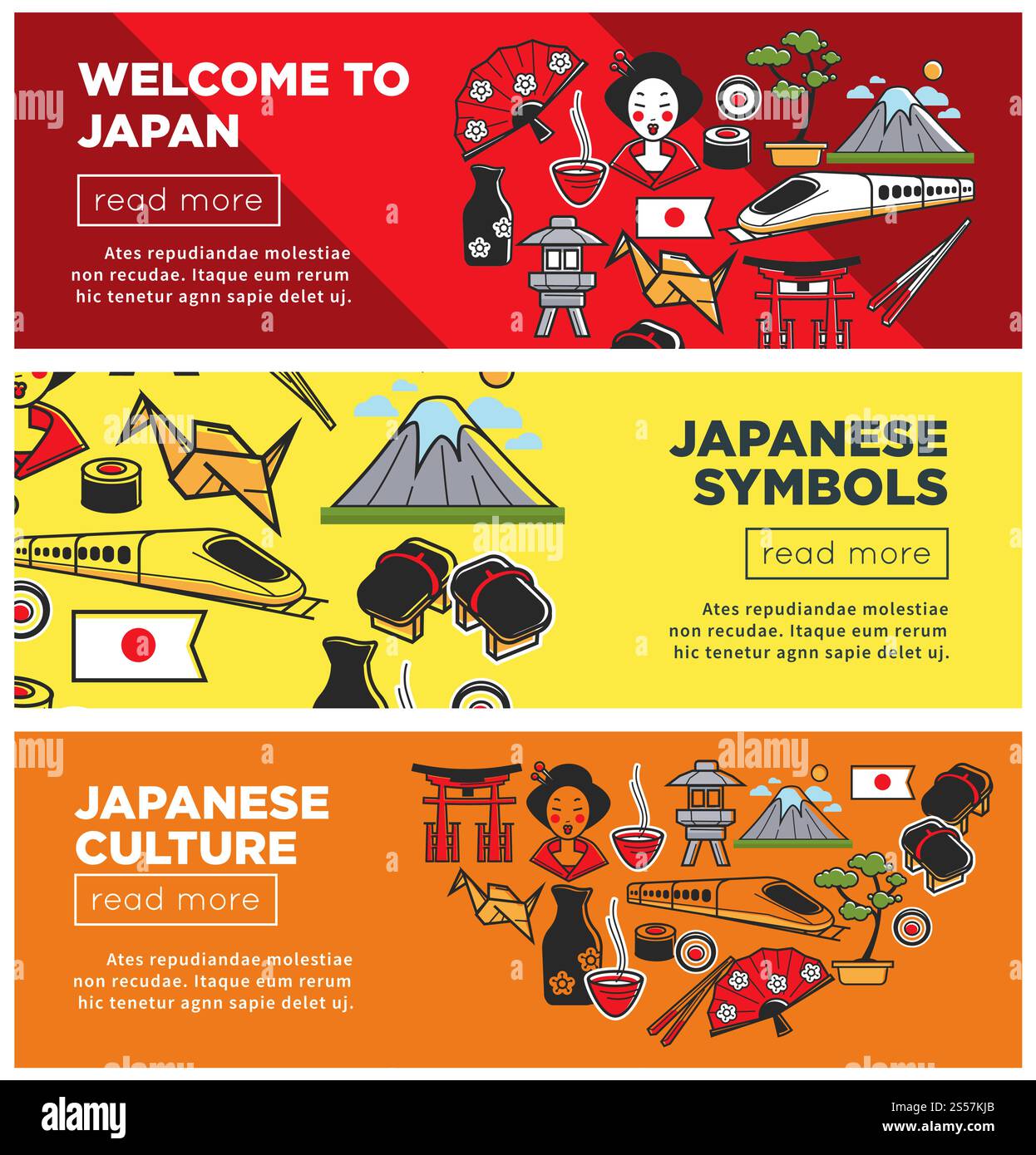 Welcome to Japan promo Internet banners with country symbols. Natural ...