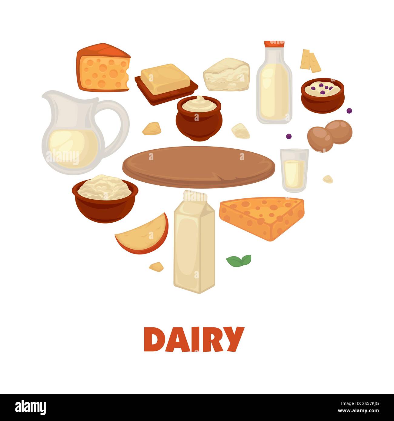 Dairy products on promotional poster in heart shape. Natural milk ...