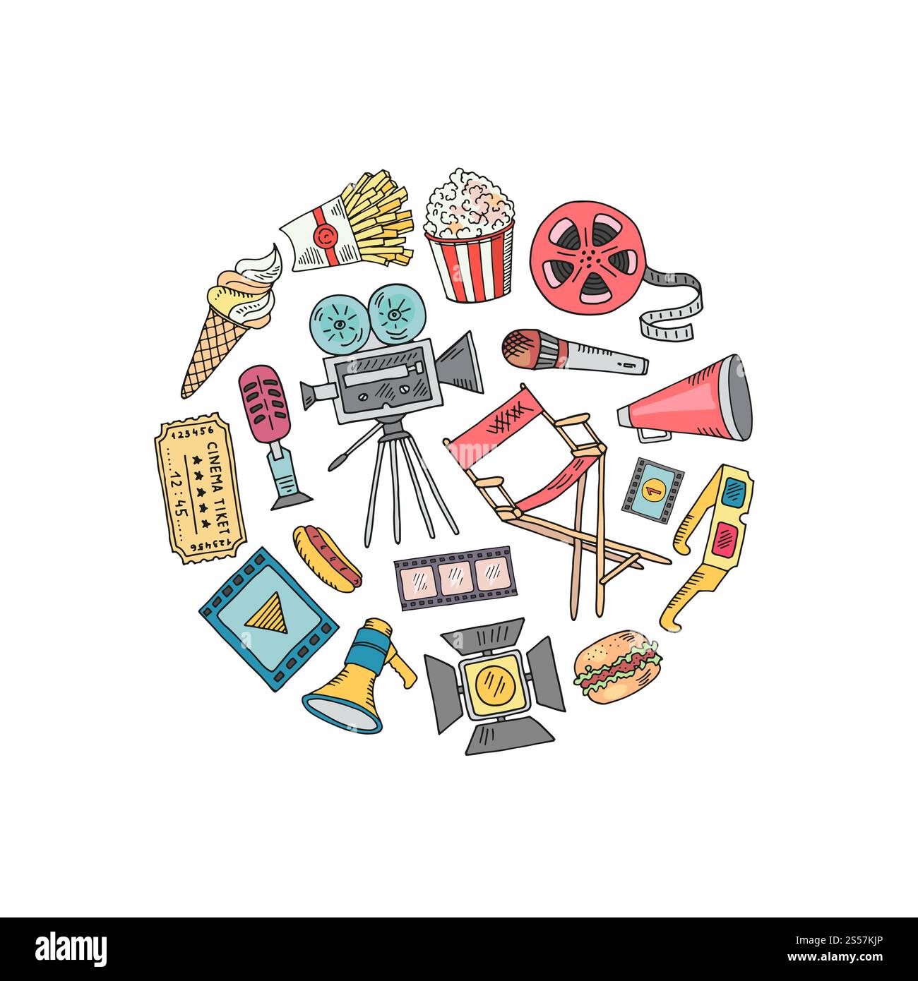 Vector cinema doodle icons in circle shape illustration isolated on ...