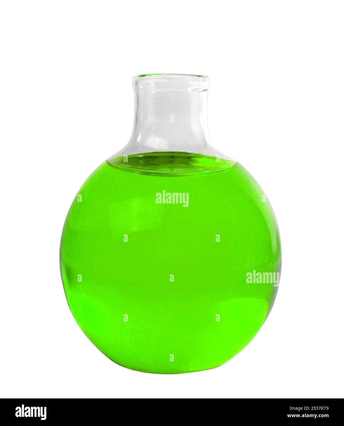Chemical laboratory flask with green liquid isolated on white ...