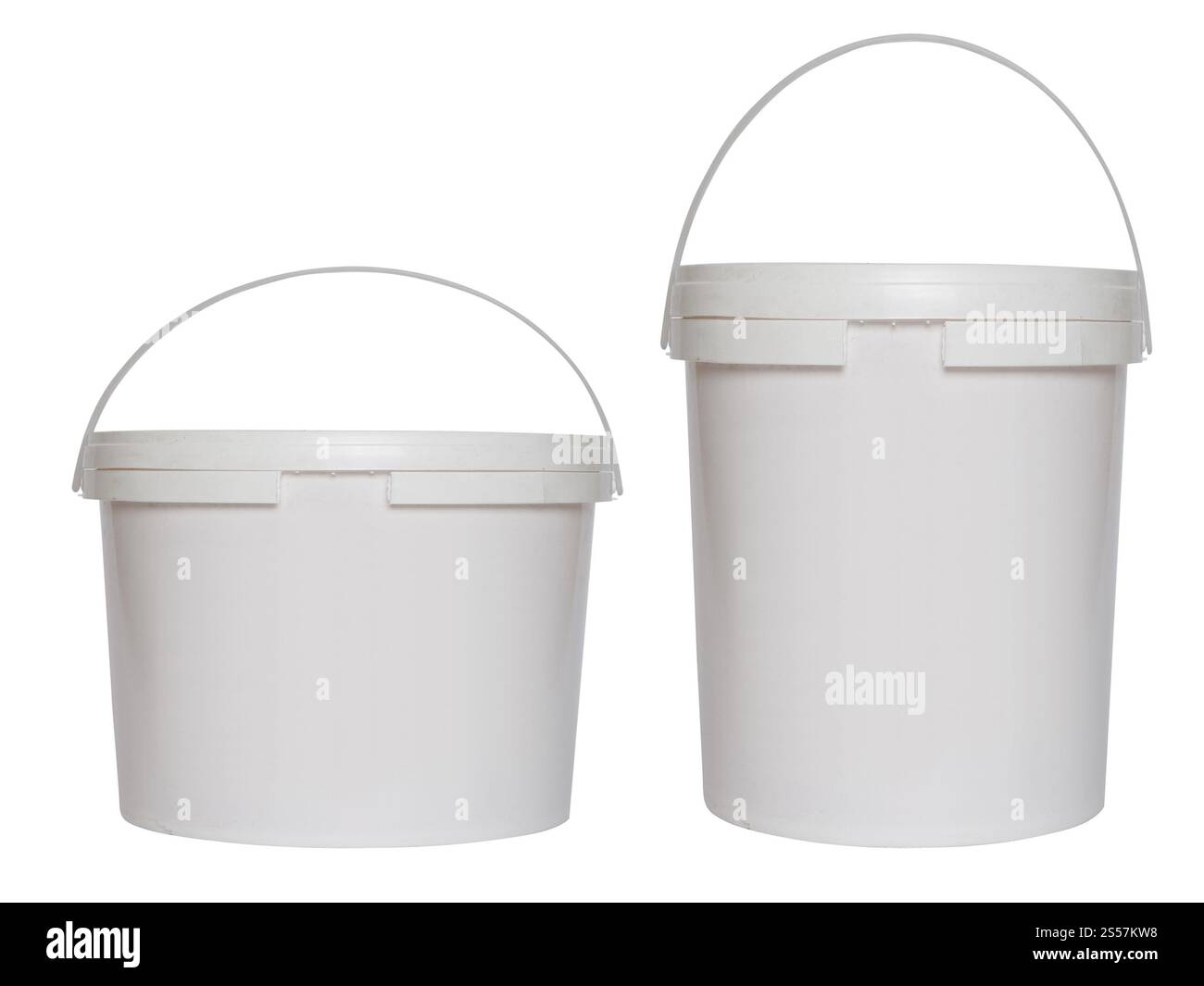 Two white plastic buckets isolated on white background. Two white ...