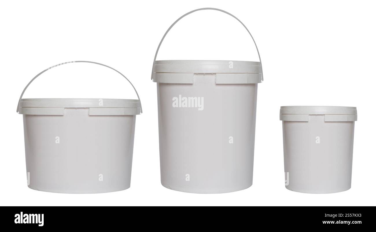 Three white plastic buckets isolated on white background. Three white ...