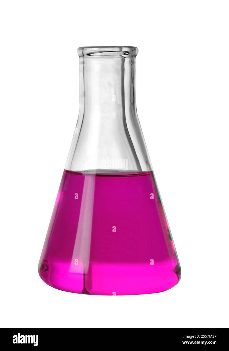 Chemical laboratory flask with violet liquid isolated on white ...