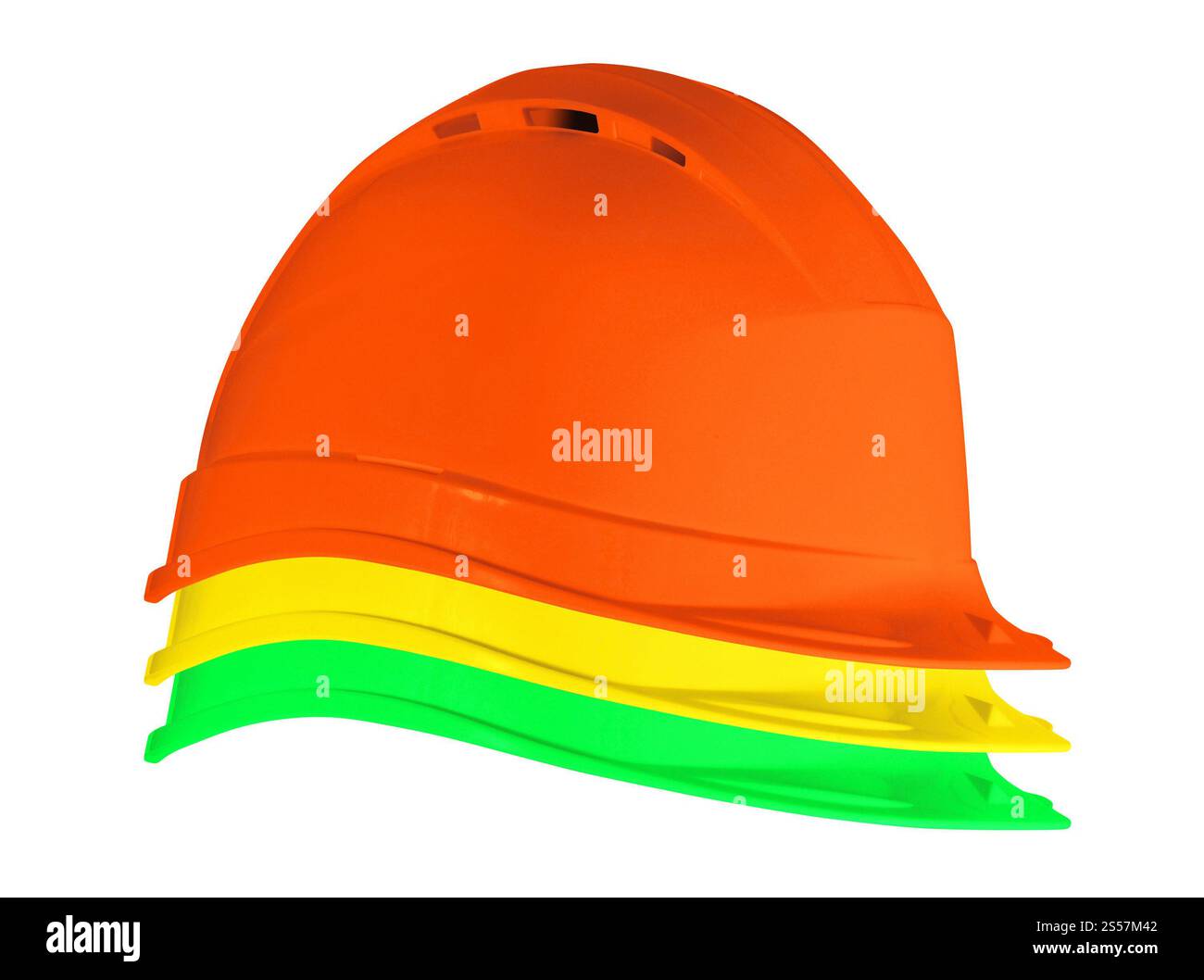 Yellow, red, and green safety helmets on white background. Yellow, red ...