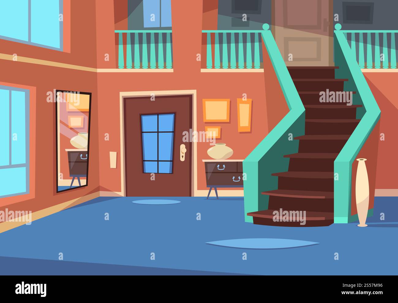 Cartoon hallway. House entrance interior with stairs and mirror ...