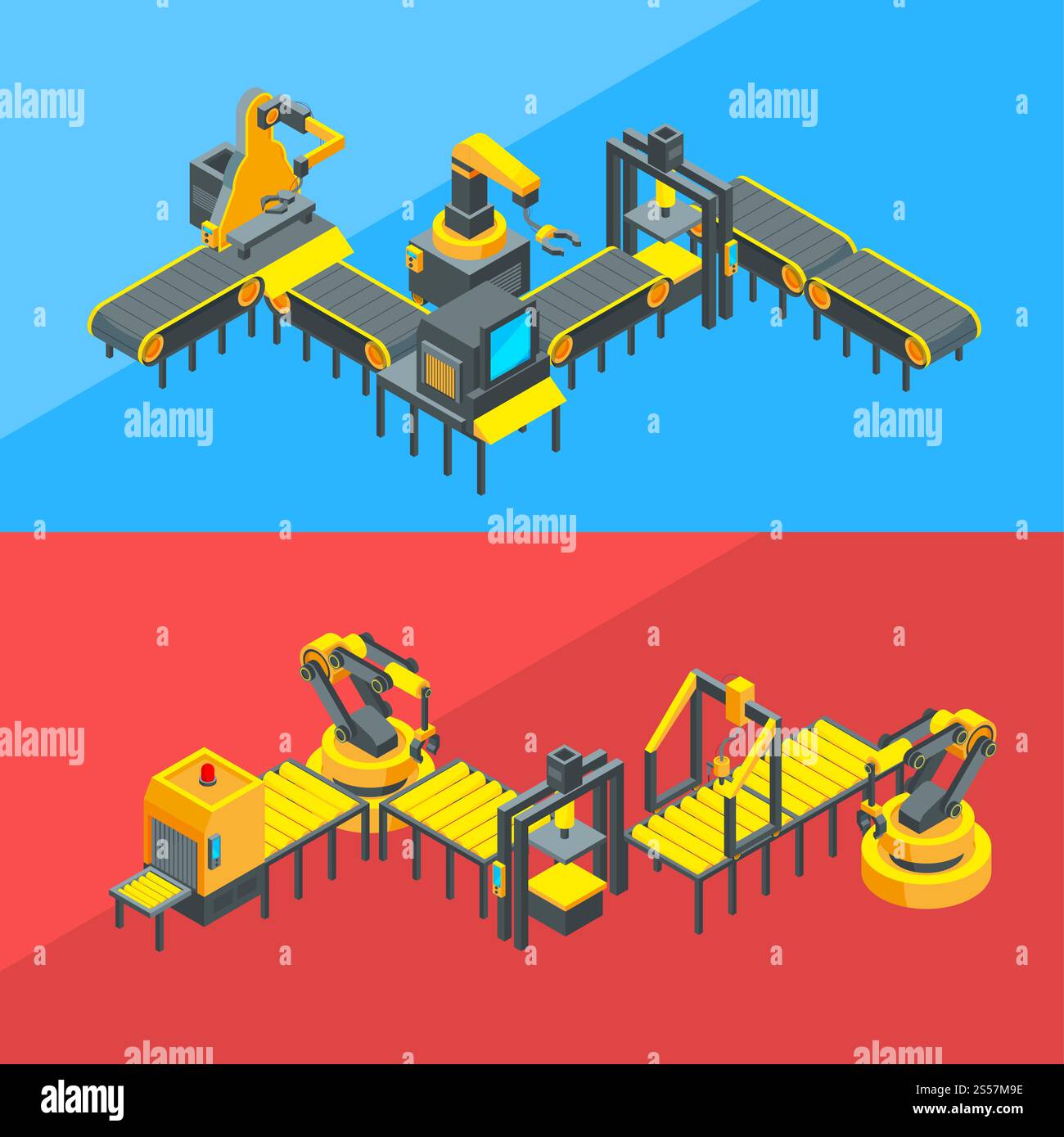 Vector set banners with color isometric conveyor elements concept ...