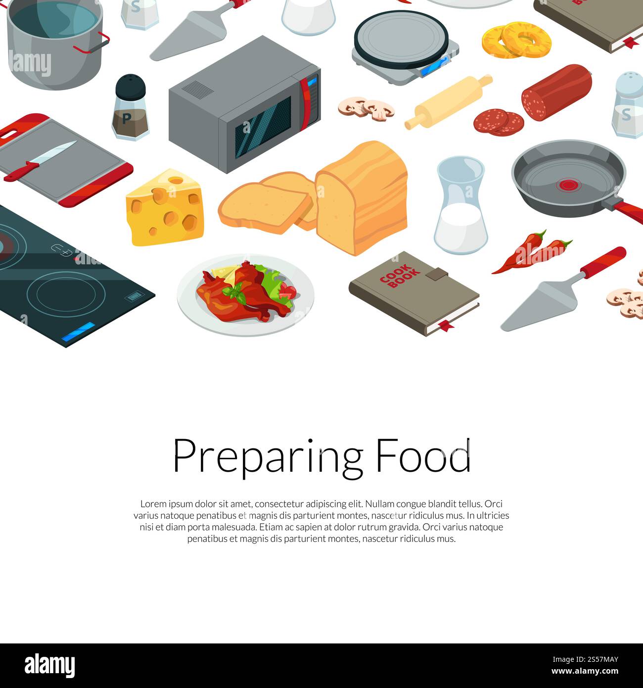 Vector cooking food isometric objects background with place for text ...